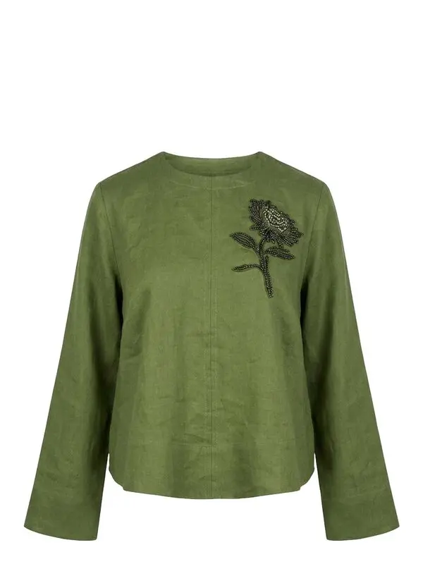 EXQUISE Embroidered Linen Blouse - Green