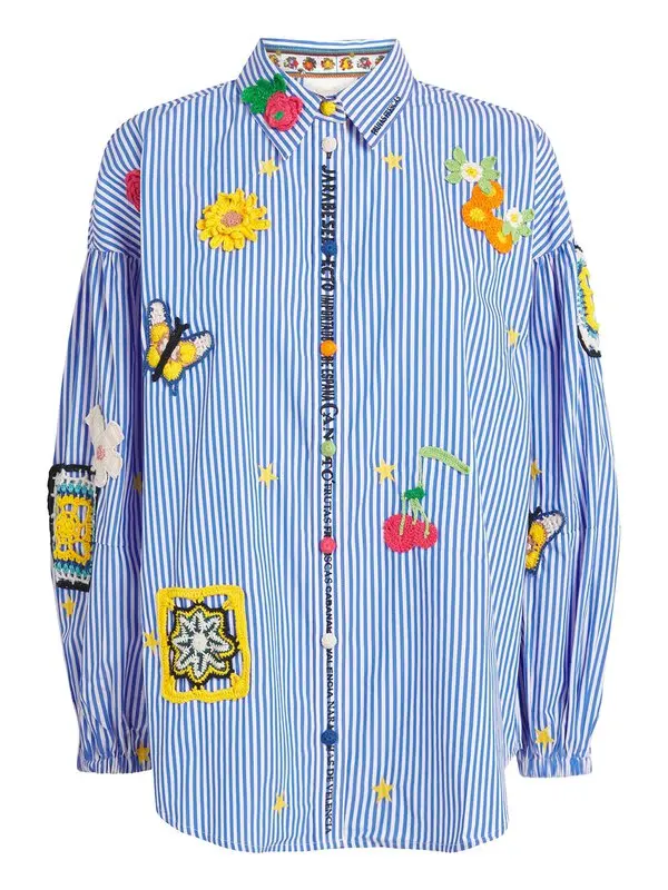 Camilla Cotton Striped Appliqué Shirt - Blue