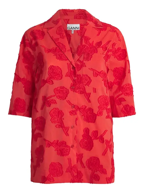 GANNI Floral Embroidered Oversized Shirt - Red