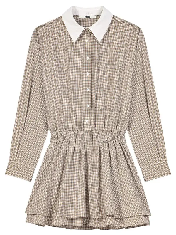 Maje Cotton Check Mini Shirt Dress - Beige
