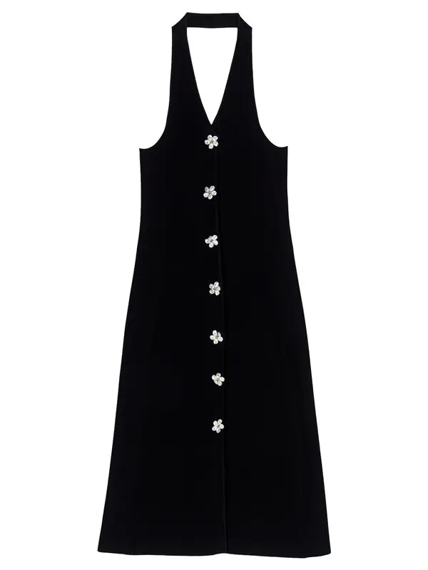 Maje Knitted Halterneck Midi Dress With Embellished Buttons - Black