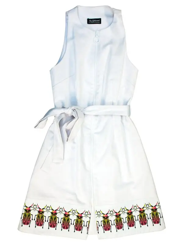 TRAMP IN DISGUISE Josefa Dress Denim Beetle Print Belted Zip-up - White