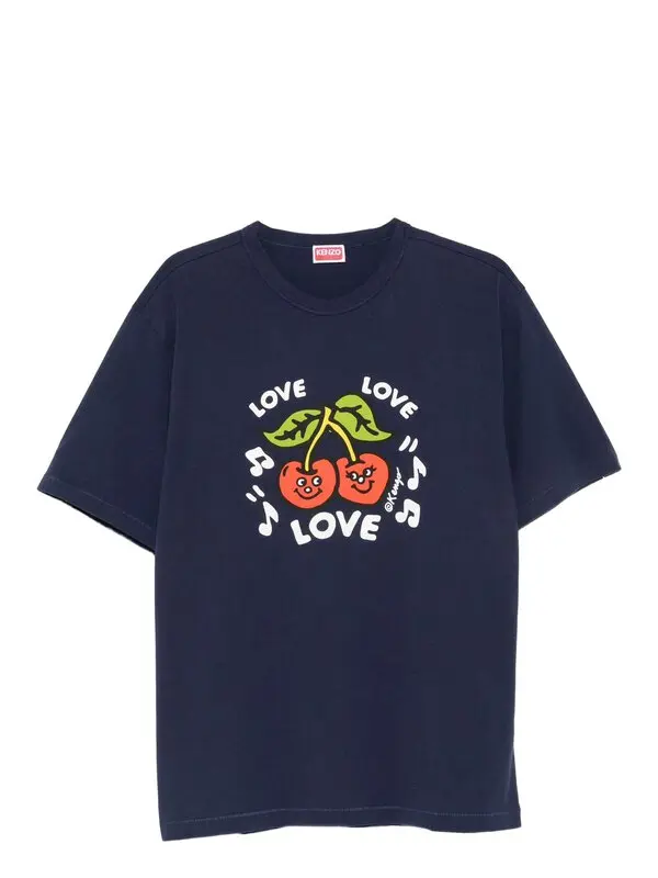 Kenzo Crewneck T-shirt With Printed Front Panel - Blu