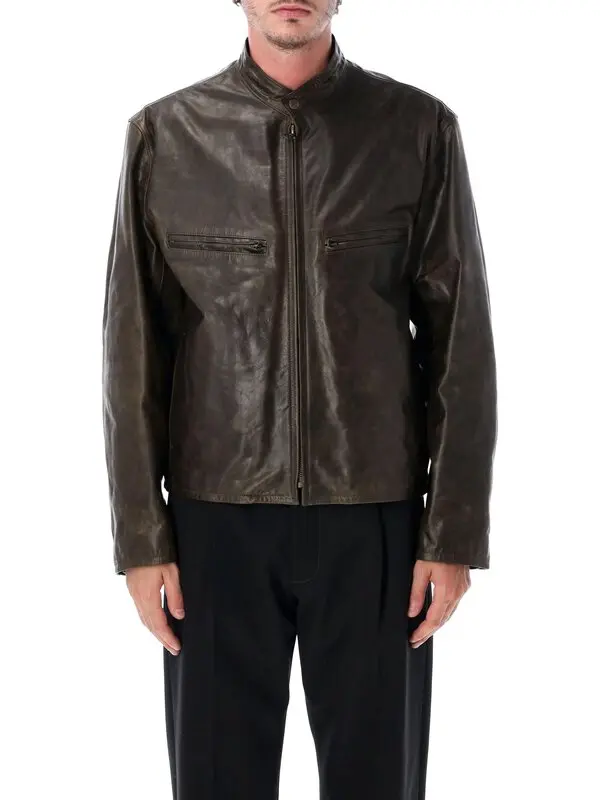 LEMAIRE Leather Zip-front Jacket With Stand Collar - Marrone