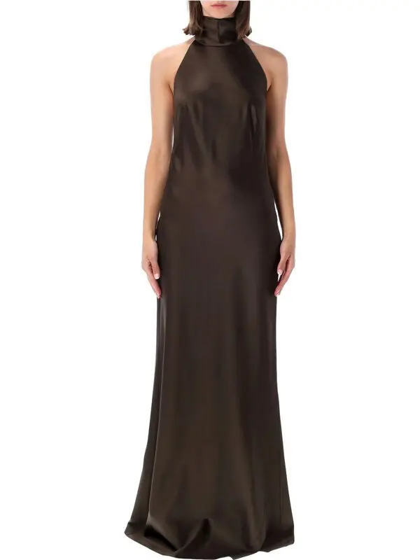 Ralph Lauren Halterneck High-neck Satin Long Evening Gown - Brown