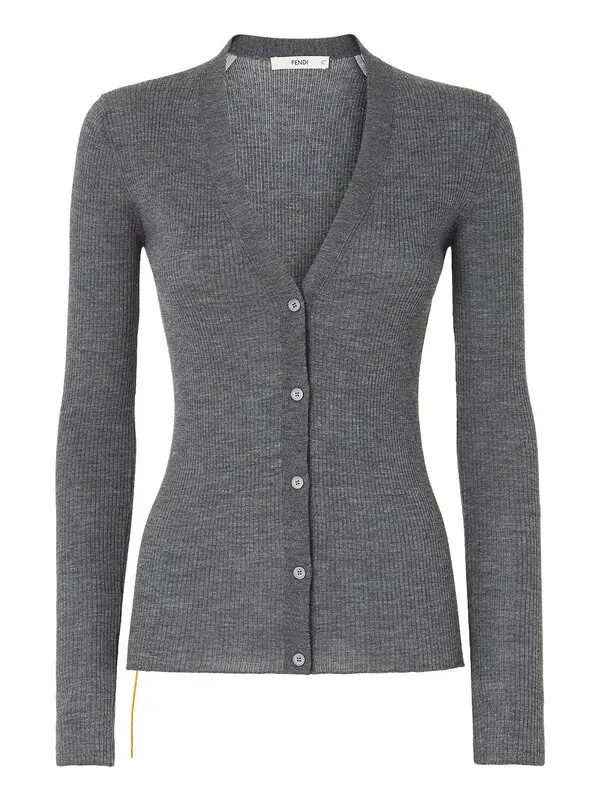 Fendi Wool Rib Knit V-neck Cardigan - Grey
