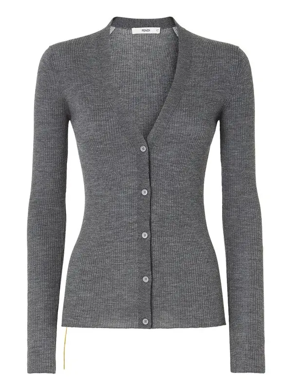 Fendi Wool Rib Knit V-neck Cardigan - Grey