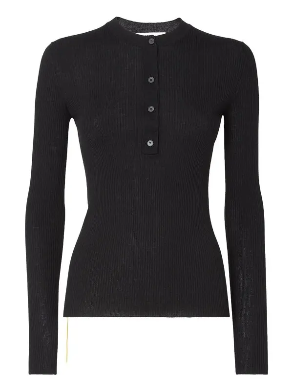 Fendi Long-sleeved Ribbed Wool Jumper With Mother-of-pearl Buttons - Black