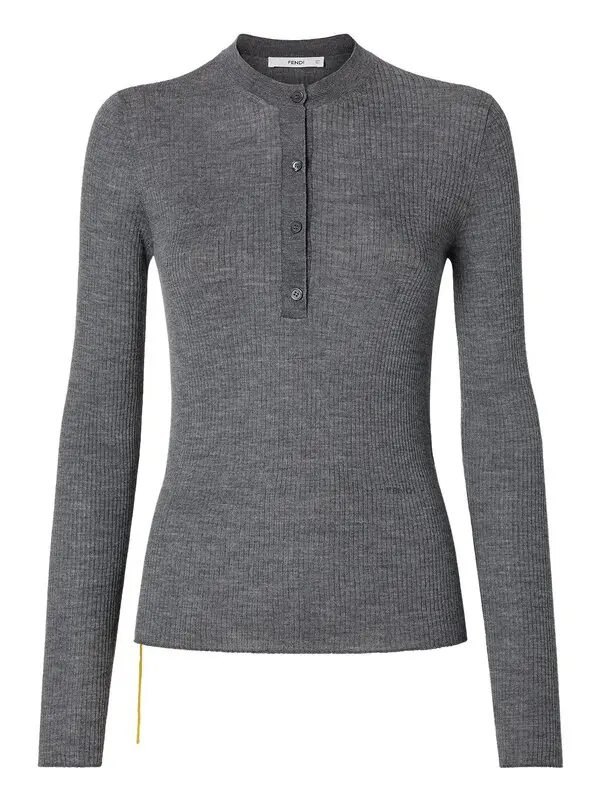 Fendi Wool Rib Knit Long Sleeve Jumper With Mother-of-pearl Buttons And Embroidered Logo - Grey