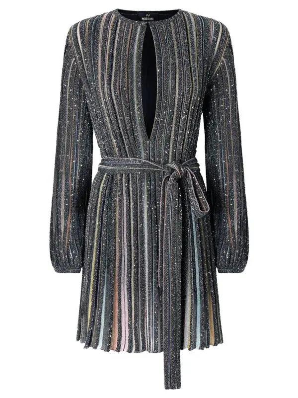 Missoni Short Dress With V-neck And Belt - Black Multicoloured