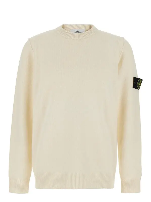 Stone Island Crewneck Wool Sweater With Logo Patch - White