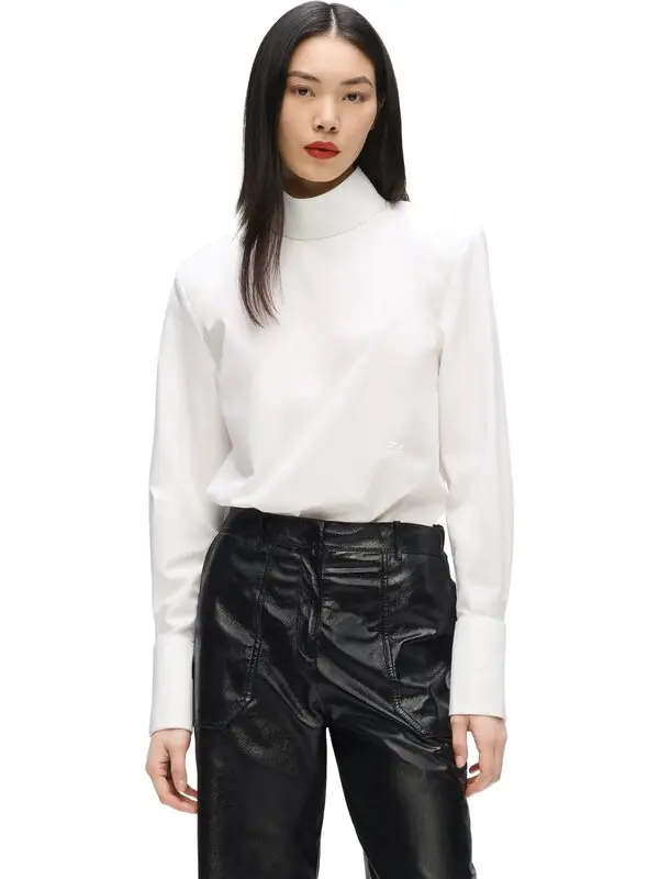 Karl Lagerfeld High Neck Blouse With Exaggerated Shoulders And Signature Cufflinks - White