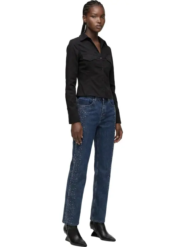 Karl Lagerfeld Rhinestone Embellished High-rise Straight Leg Jeans - Washed Dark Blue