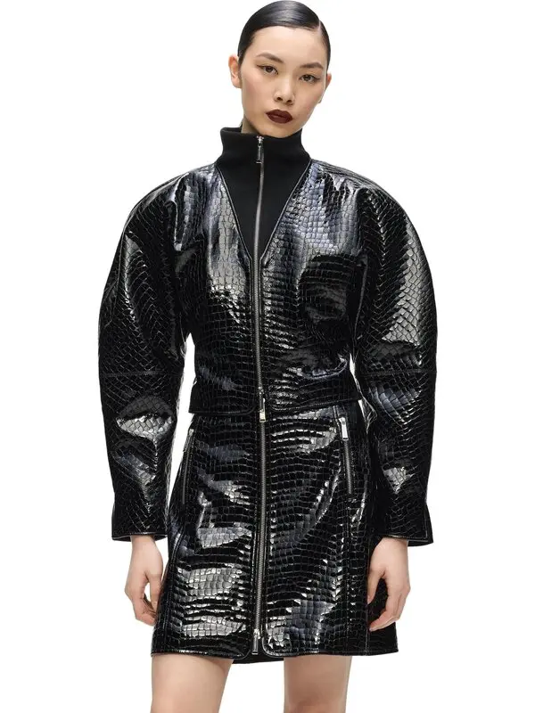Karl Lagerfeld Croc-embossed Lambskin Leather Jacket - Black
