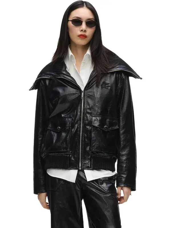 Karl Lagerfeld Knitted Collar Leather Jacket - Black