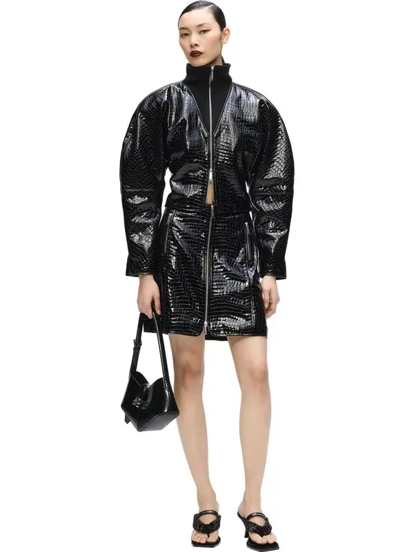Karl Lagerfeld Croc-embossed Lambskin Skirt With Front Zip - Black
