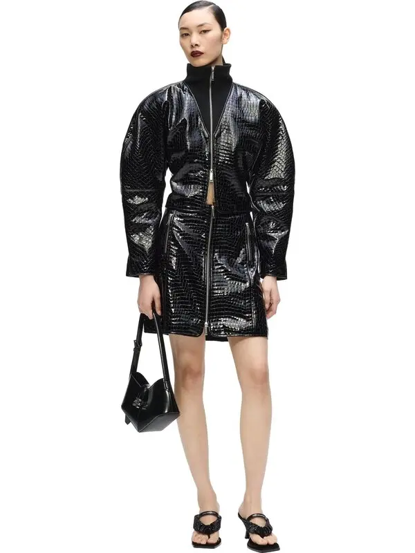 Karl Lagerfeld Croc-embossed Lambskin Skirt With Front Zip - Black