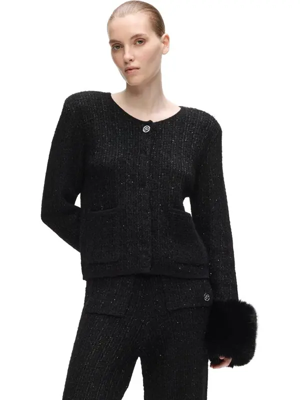 Karl Lagerfeld Faux-fur Trimmed Bouclé Knit Cardigan - Black
