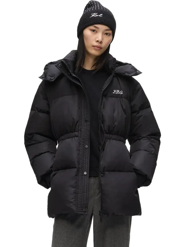 Karl Lagerfeld Cinched Midi Puffer Jacket - Black