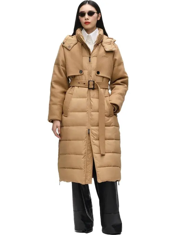 Karl Lagerfeld Belted Long Puffer Jacket - Nougat