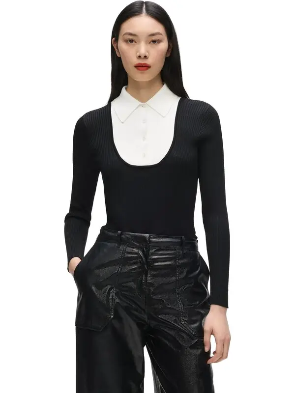 Karl Lagerfeld Knitwear Top With Contrasting Collar - Black