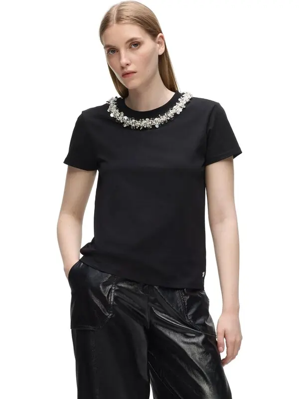 Karl Lagerfeld Beaded Collar T-shirt - Black