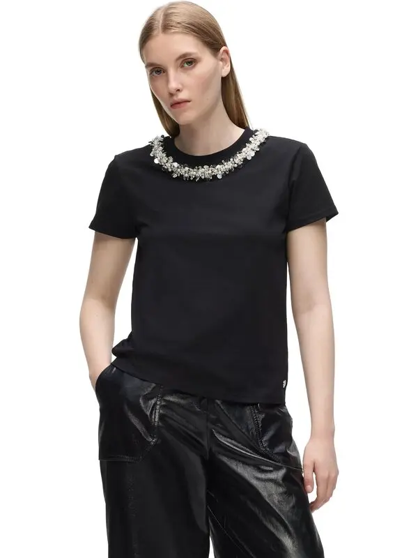 Karl Lagerfeld Beaded Collar T-shirt - Black