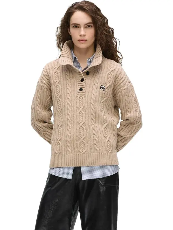 Karl Lagerfeld Ikon Cable Knit Polo Sweater - Hummus
