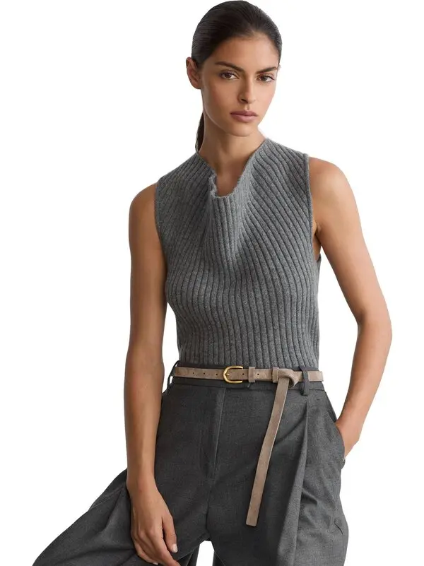REISS Maggie Wool-blend Ribbed Cowl-neck Vest With Cashmere - Grey