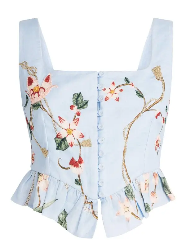 Agua Bendita Linen Floral Embroidered Peplum Corset Top - Blue