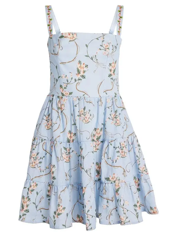 Agua Bendita Linen Tiered Mini Dress - Blue