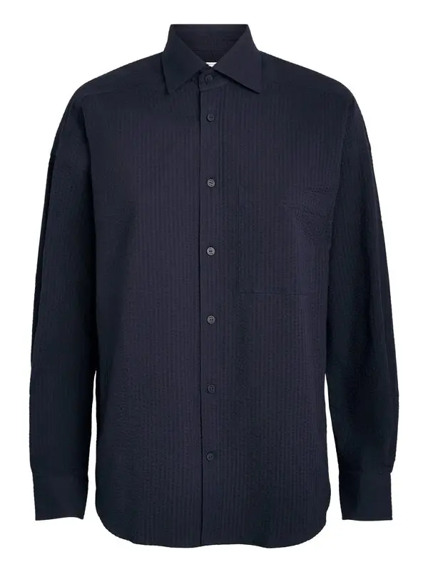 WITH NOTHING UNDERNEATH Seersucker Button-up Shirt - Navy
