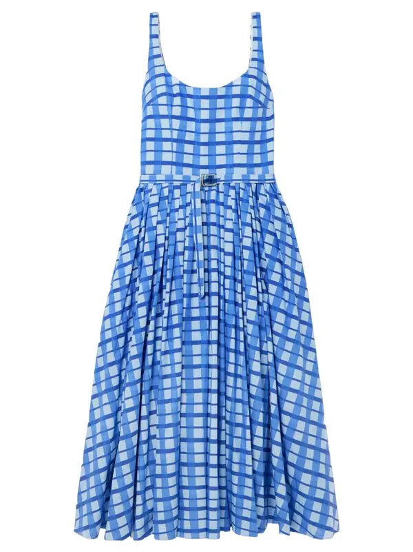 EMILIA WICKSTEAD Belted Pleated Checked Cotton-poplin Midi Dress - Blue