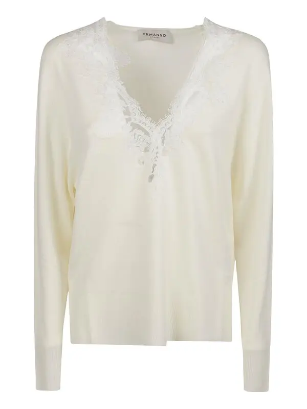 ERMANNO FIRENZE V-neck Sweater With Lace Trim - Ecru