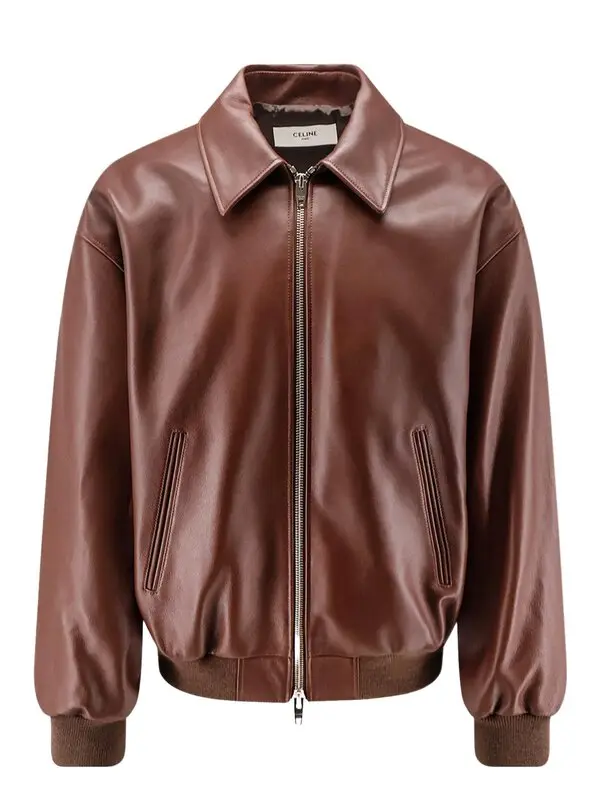 Celine Collared Long-sleeved Leather Jacket - Brown