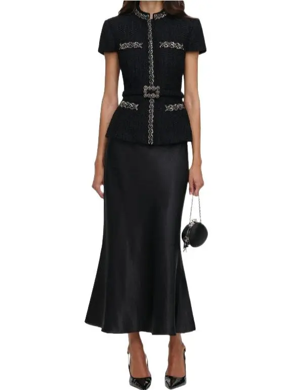 SELF-PORTRAIT Boucle Crystal Trim Satin Midi Dress - Black
