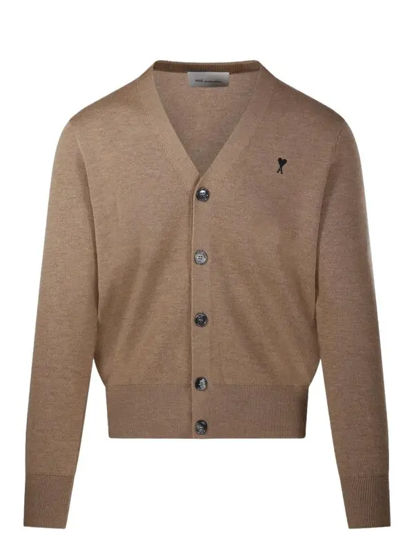 AMI Paris V-neck Cardigan With Embroidered Logo - Brown