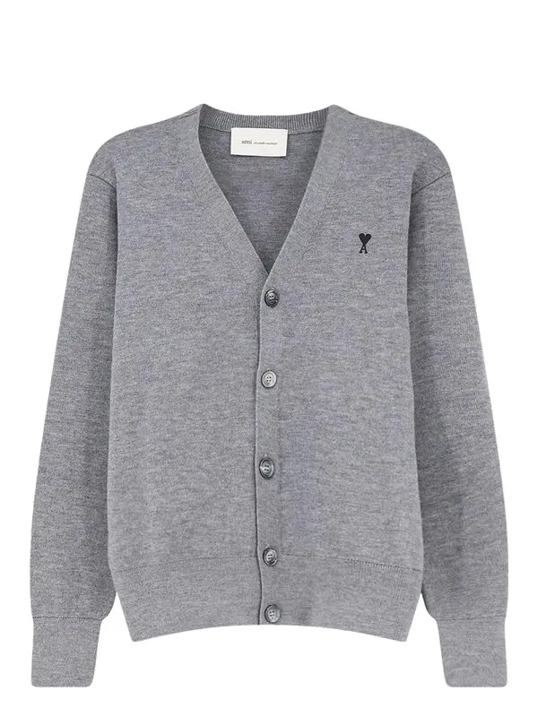 AMI Paris V-neck Embroidered Cardigan - Grey