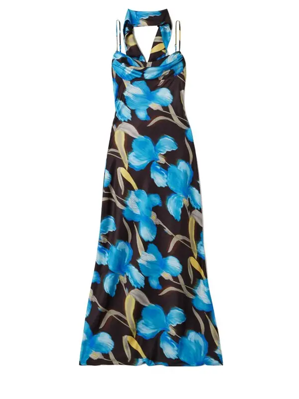 Rebecca Vallance Draped Printed Satin Gown - Blue
