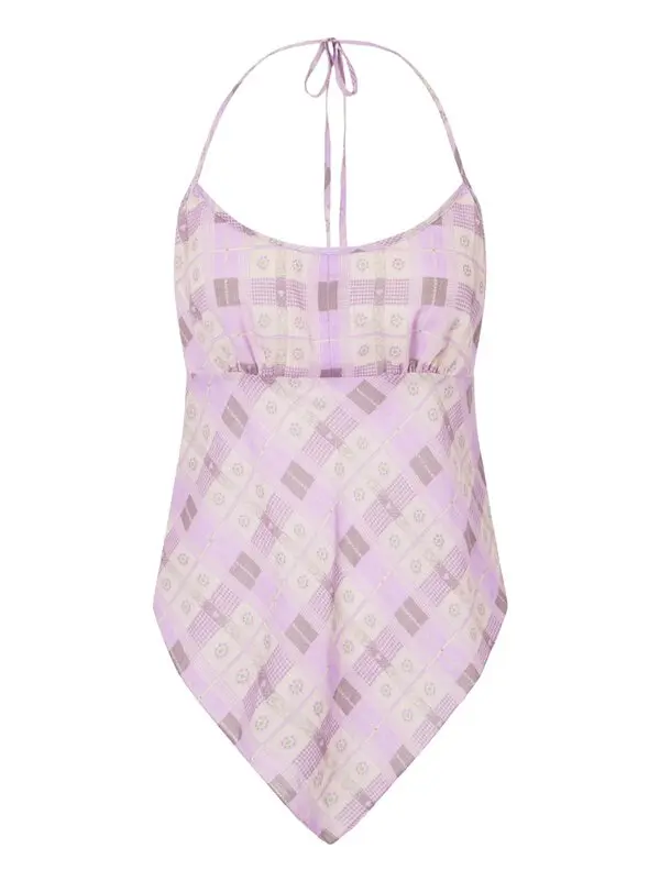 Anna Sui Apron Checked Printed Cotton-voile Halterneck Top - No