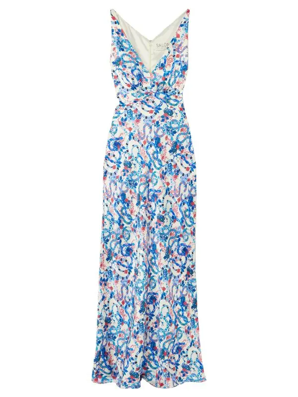 Saloni Printed Silk-satin Maxi Dress - Blue