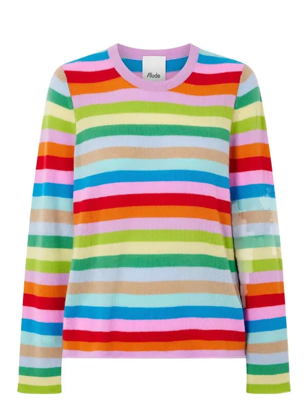 ALLUDE Striped Cashmere Crew Neck Sweater - No