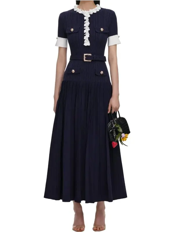 SELF-PORTRAIT Belted Floral-embellished Midi Dress - Navy