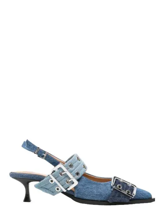 GANNI Buckle-detail Denim Slingback Pumps - Blue