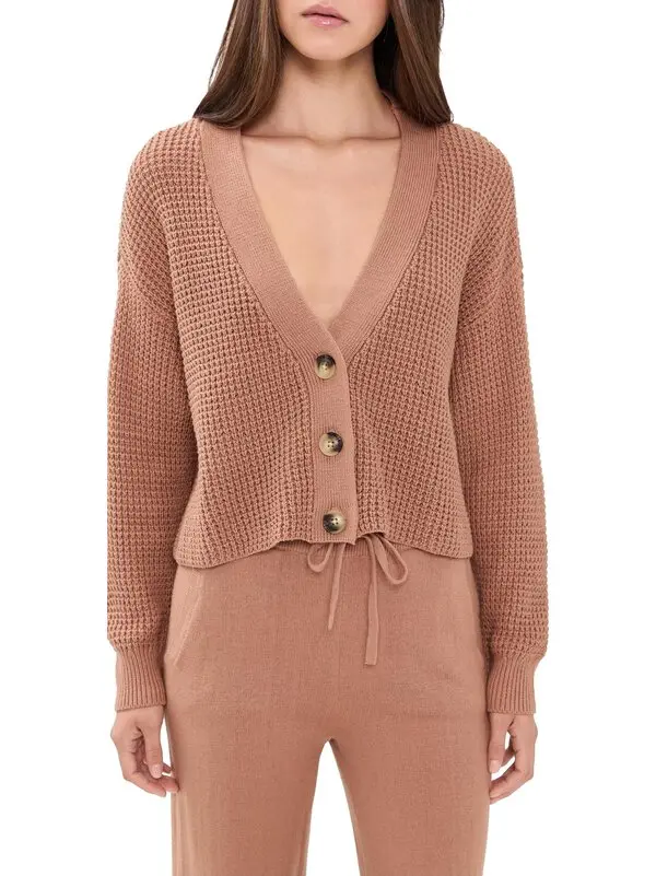Eberjey Cropped Waffle Knit Cardigan - Hazelnut