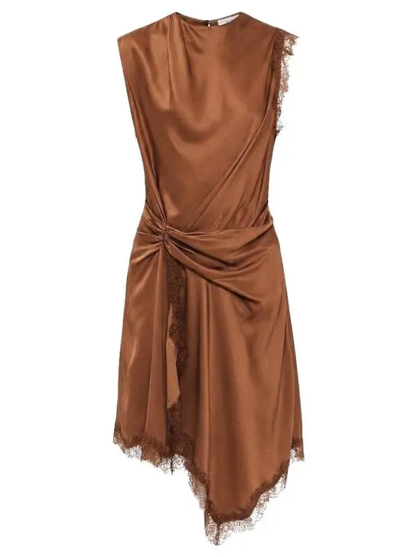 A.L.C. Dion Ruched Satin Dress With Lace Trim - Light Chestnut