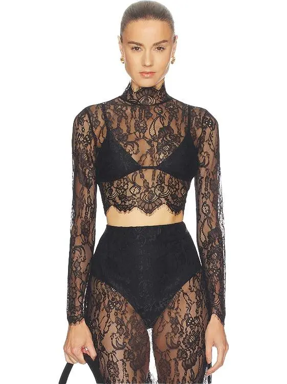 L'Agence Henriette Lace Cropped Top - Black