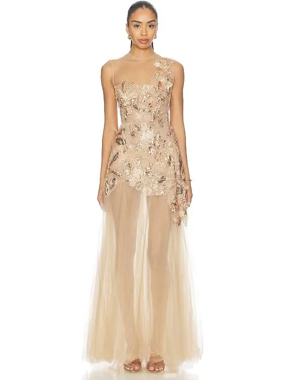 BRONX BANCO Layla Sequin Floral Maxi Dress In Metallic Gold - Nude