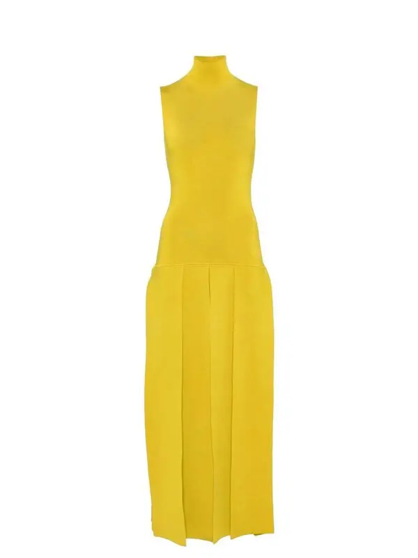 Alaïa High Neck Sleeveless Maxi Dress With Pleated Skirt And Side Slit - Yellow