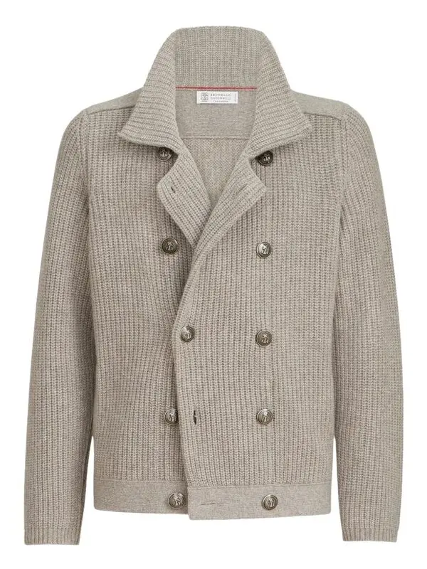 Brunello Cucinelli Ribbed Shawl Collar Double-breasted Cardigan - Grey